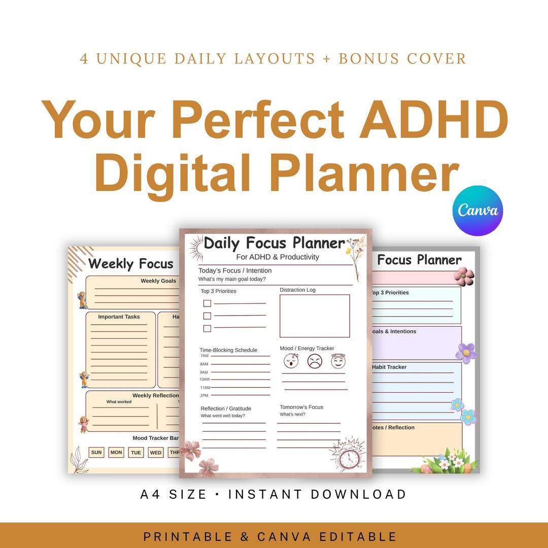 ADHD Digital Planner, Focus & Time Management, A4 (printable PDF) - Etsy