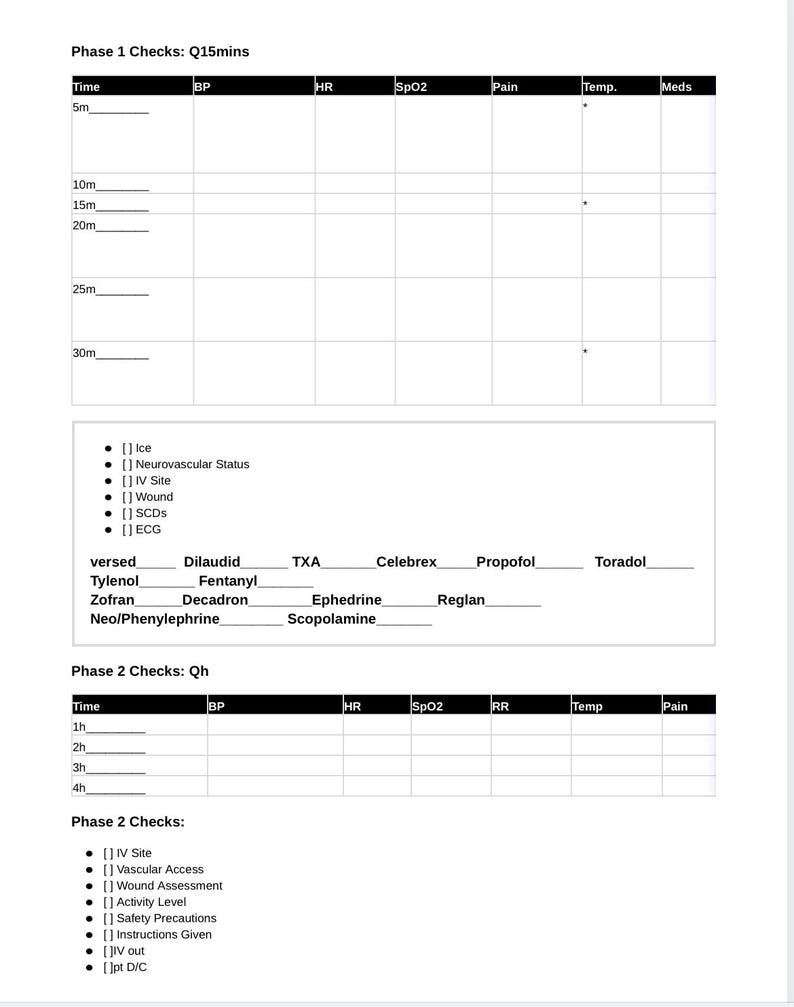 PACU Report, PACU Chart, Outpatient, Vitals, Aldrete Score, Nuring ...