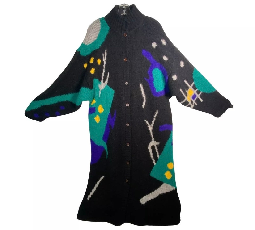 Vintage Susan Eden Black Geometric Wool Mohair Duster Sweater Coat Full ...