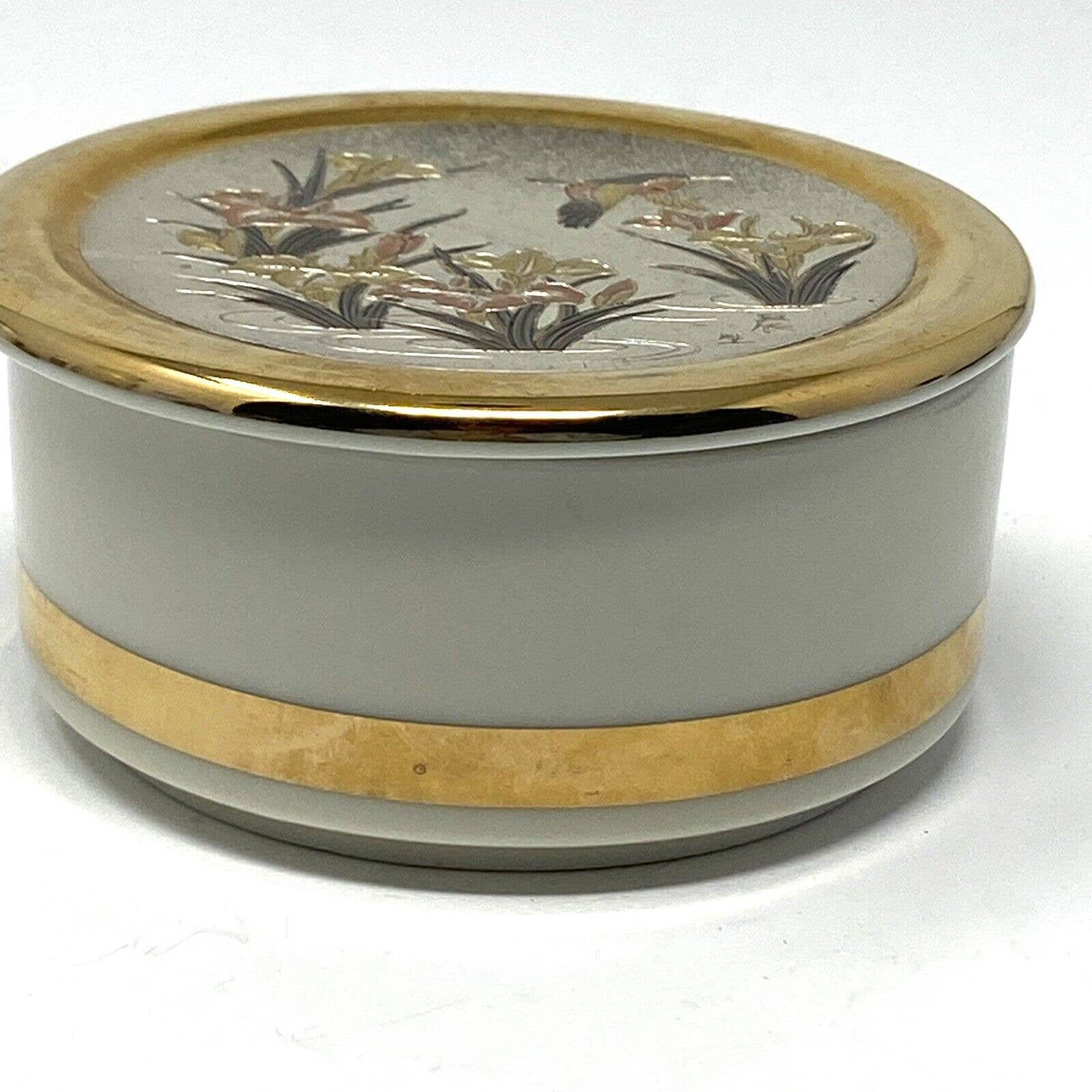 Vintage Art of Chokin Round Porcelain Trinket Box 24k Gold Trim Bird ...