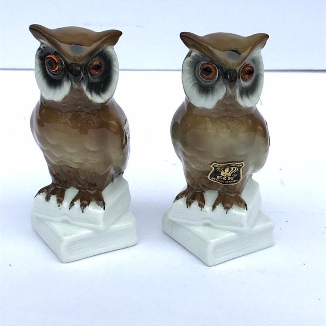 Vintage E&R Golden Crown West Germany Brown Glazed Ceramic Owls Perched ...