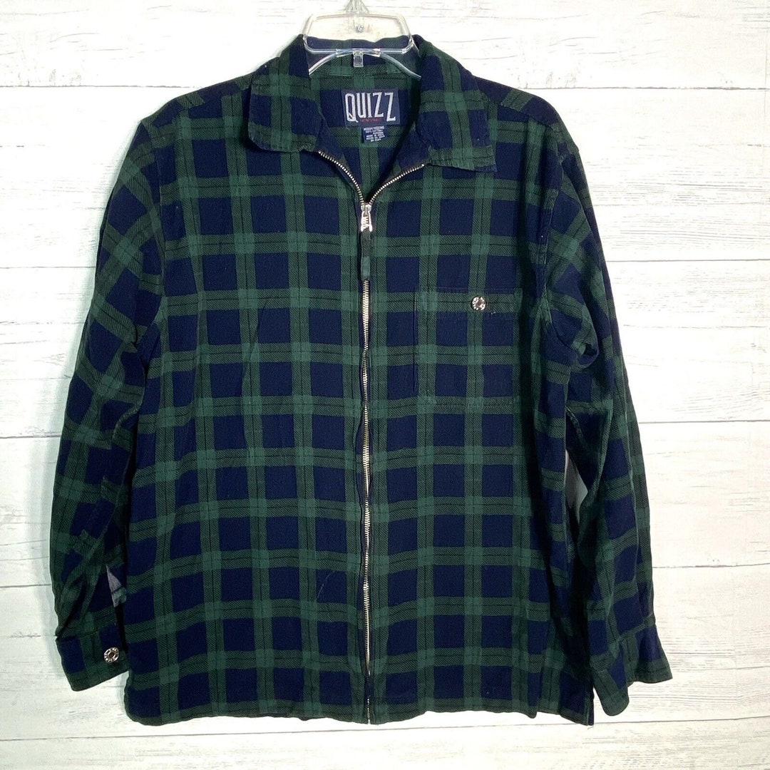 Vintage Quizz Blue Green Tartan Plaid Flannel Zip Shirt Jacket Shacket ...
