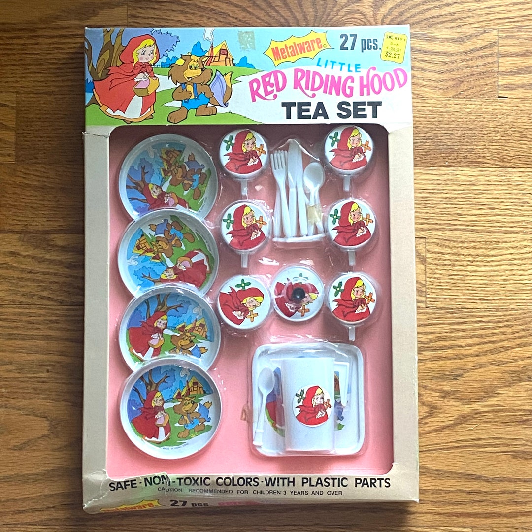 Vintage Childs Tin Litho Little Red Riding Hood Tea Set and Accessories ...