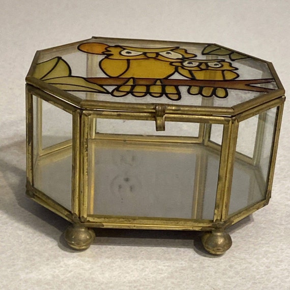 Vintage Glass And Brass Octagon Trinket Box Faux Stai… - Gem