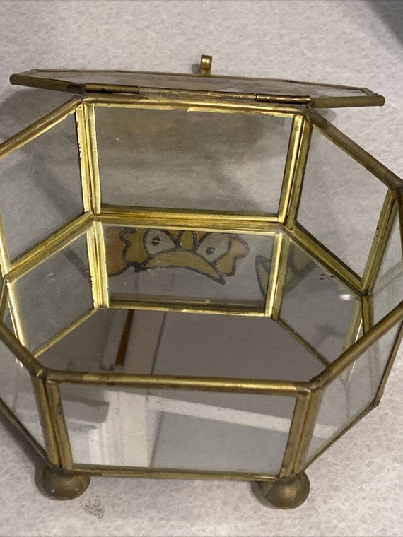 Vintage Glass And Brass Octagon Trinket Box Faux Stai… - Gem