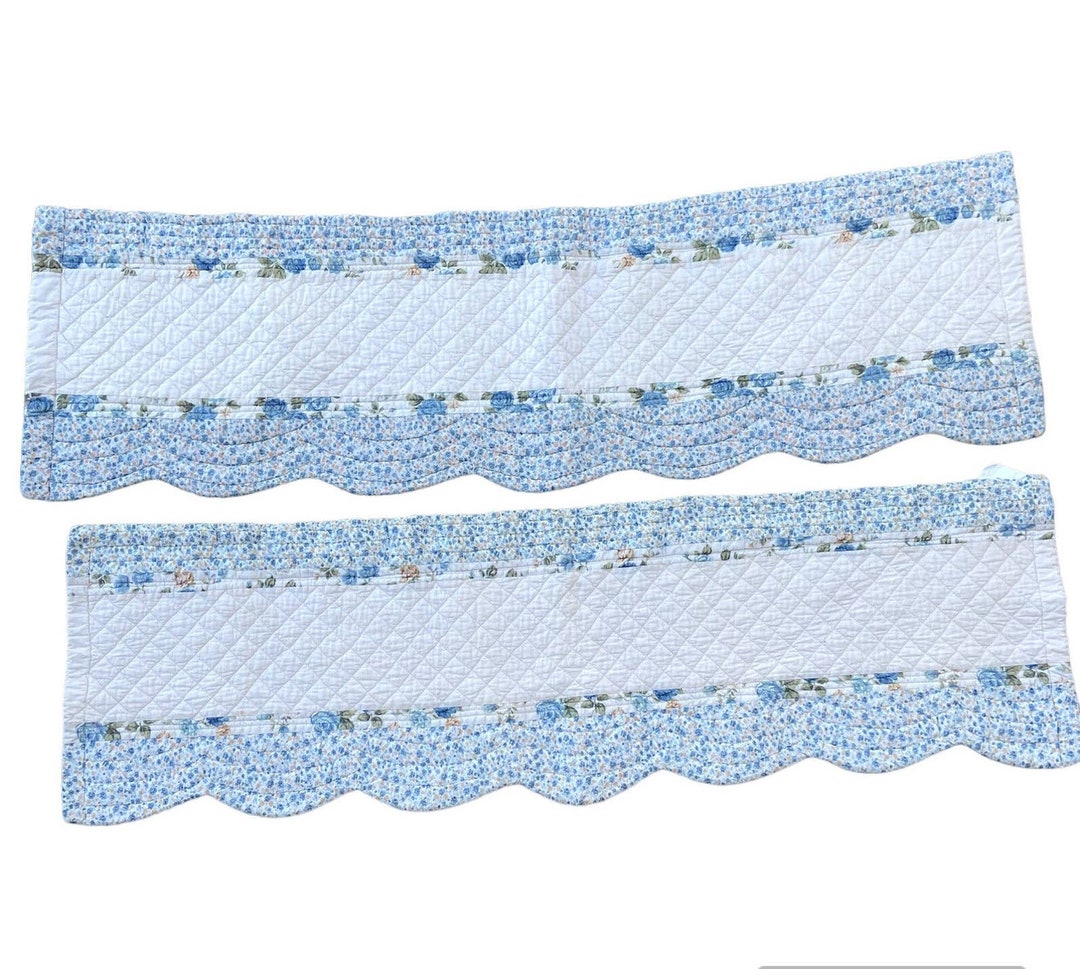 Vintage JC Penny Set 2 Quilted Blue Floral Scalloped Valance Curtains ...