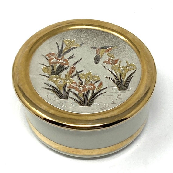 Vintage Art of Chokin Round Porcelain Trinket Box 24k… - Gem