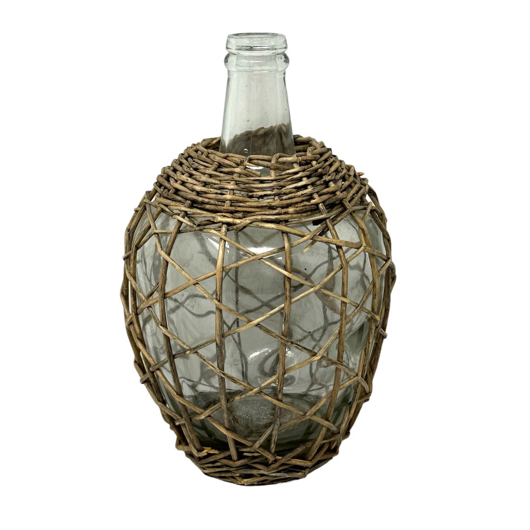 Vintage Wicker Wrapped Glass Wine Bottle 11 Old World Country Decor ...