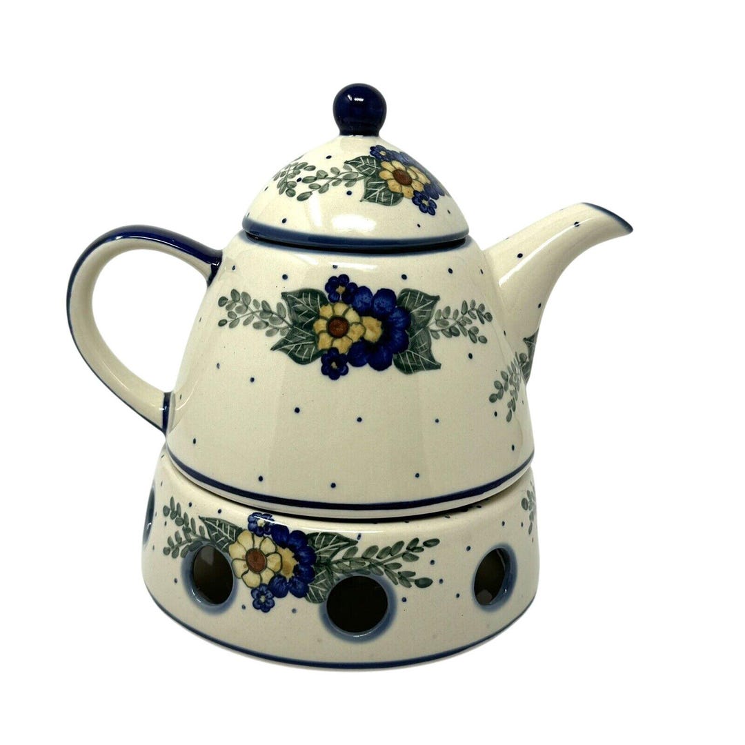 Vintage Unikat Polish Pottery Teapot /coffee Pot With Warmer Base Blue ...