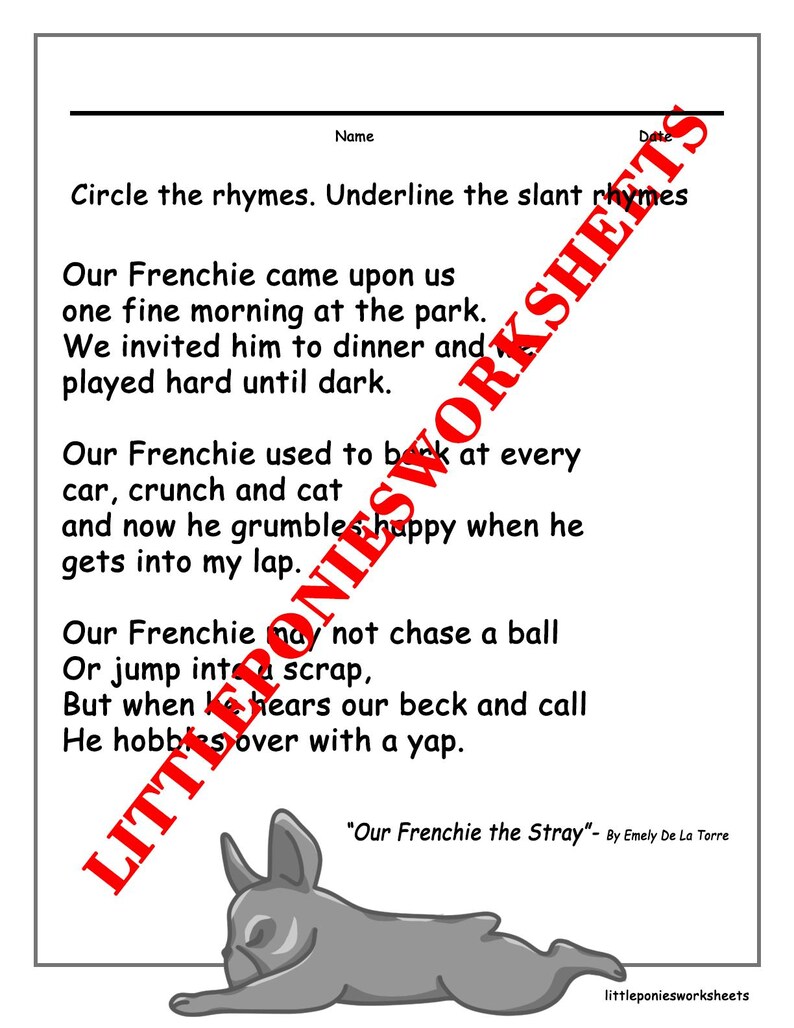 True Rhymes and Slant Rhymes Worksheet- French Bulldog 'frenchie' Poem ...