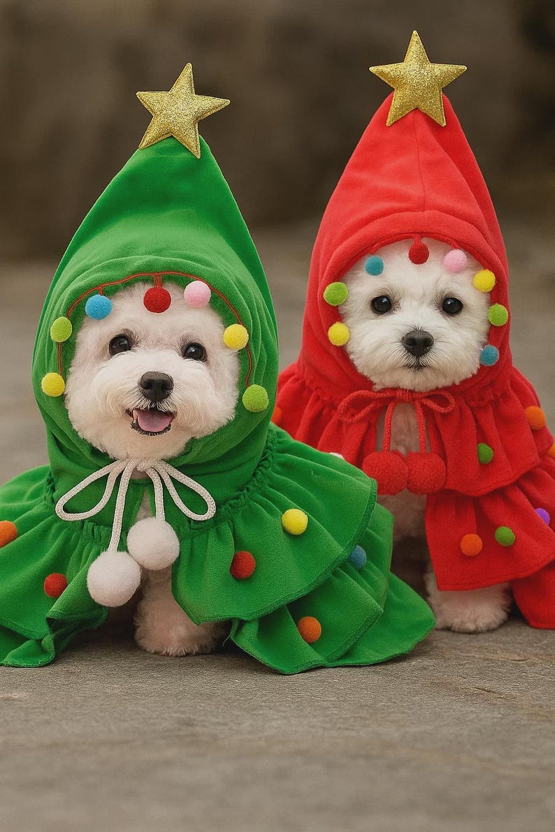 Christmas Tree Pet Costume: Holiday Dog & Cat Cloak With Pom Poms ...