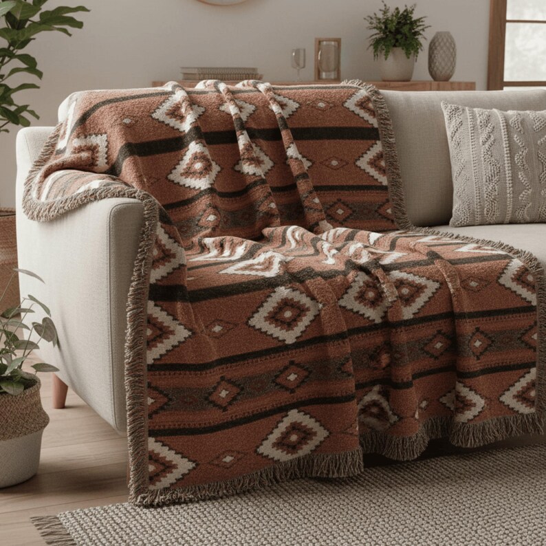 South Western Woven Native American Cotton Throw Blanket Bedroom Boho ...