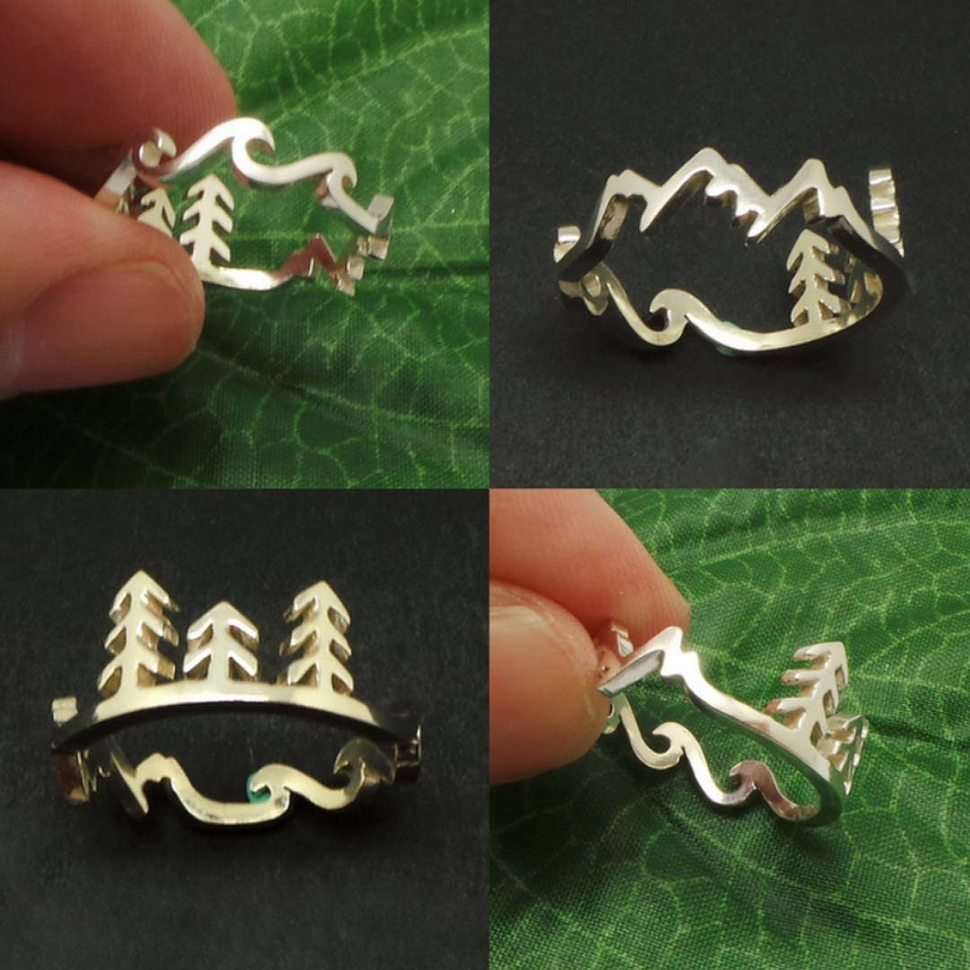 Silver Mountain Pine Tree Wave Ring Travel Ring Traveler, Nature Ring ...