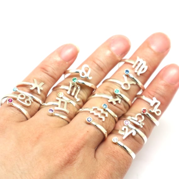 Silver Zodiac Ring With Birthstone Stacking Horoscope Sign | Etsy