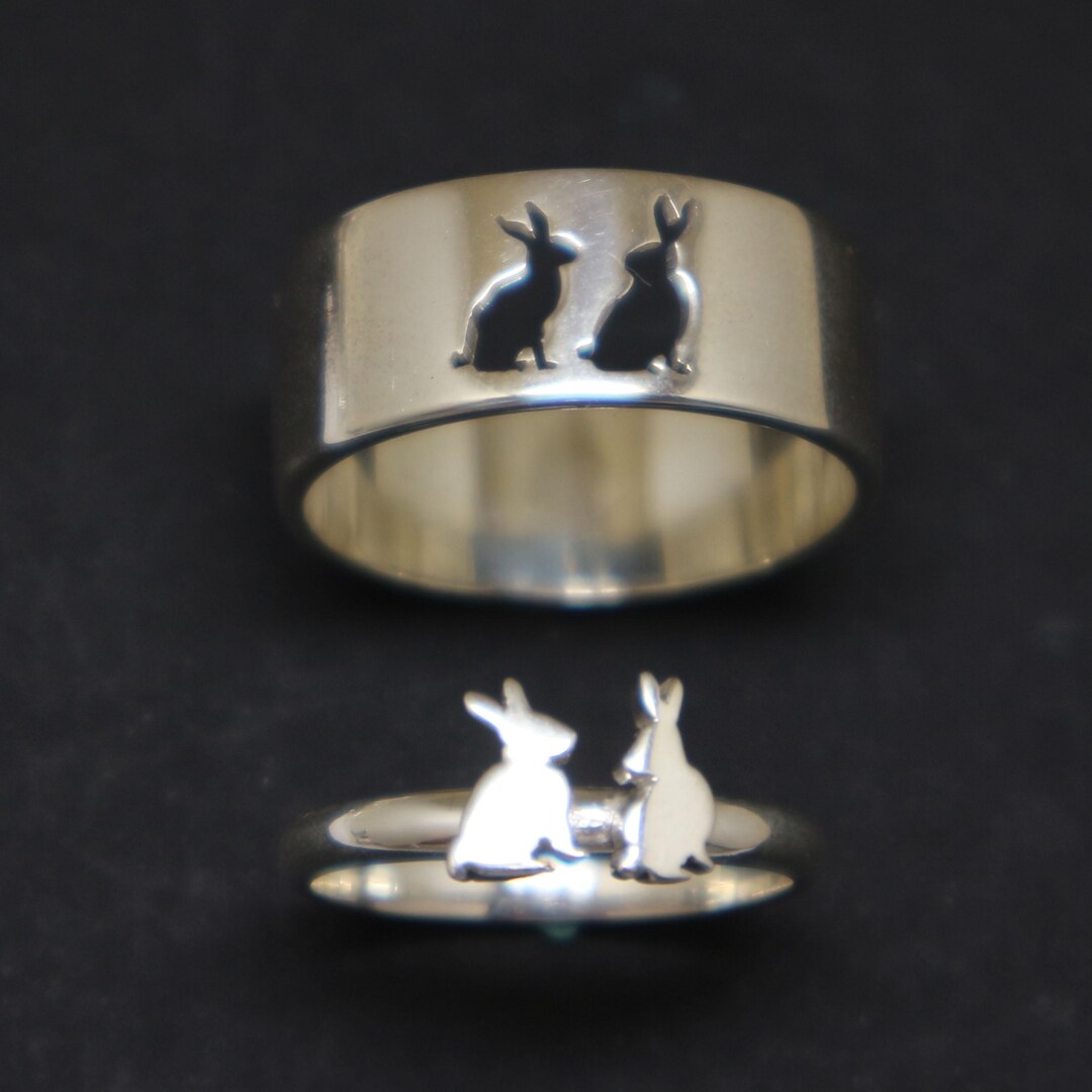 Silver Rabbit Kissing Promise Ring Set : Personalized Custom Engraved ...