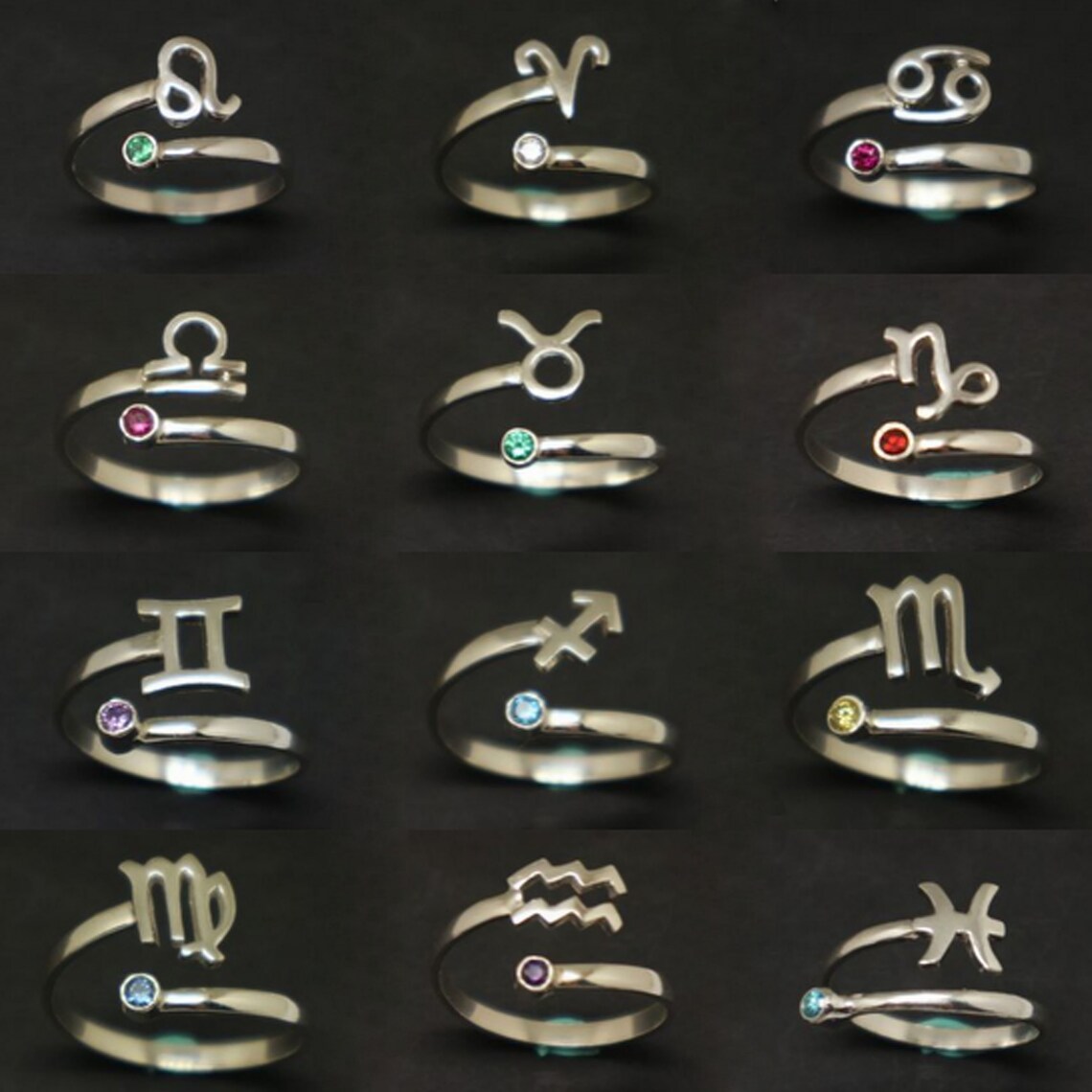 Silver Zodiac Ring With Birthstone Stacking Horoscope Sign - Etsy