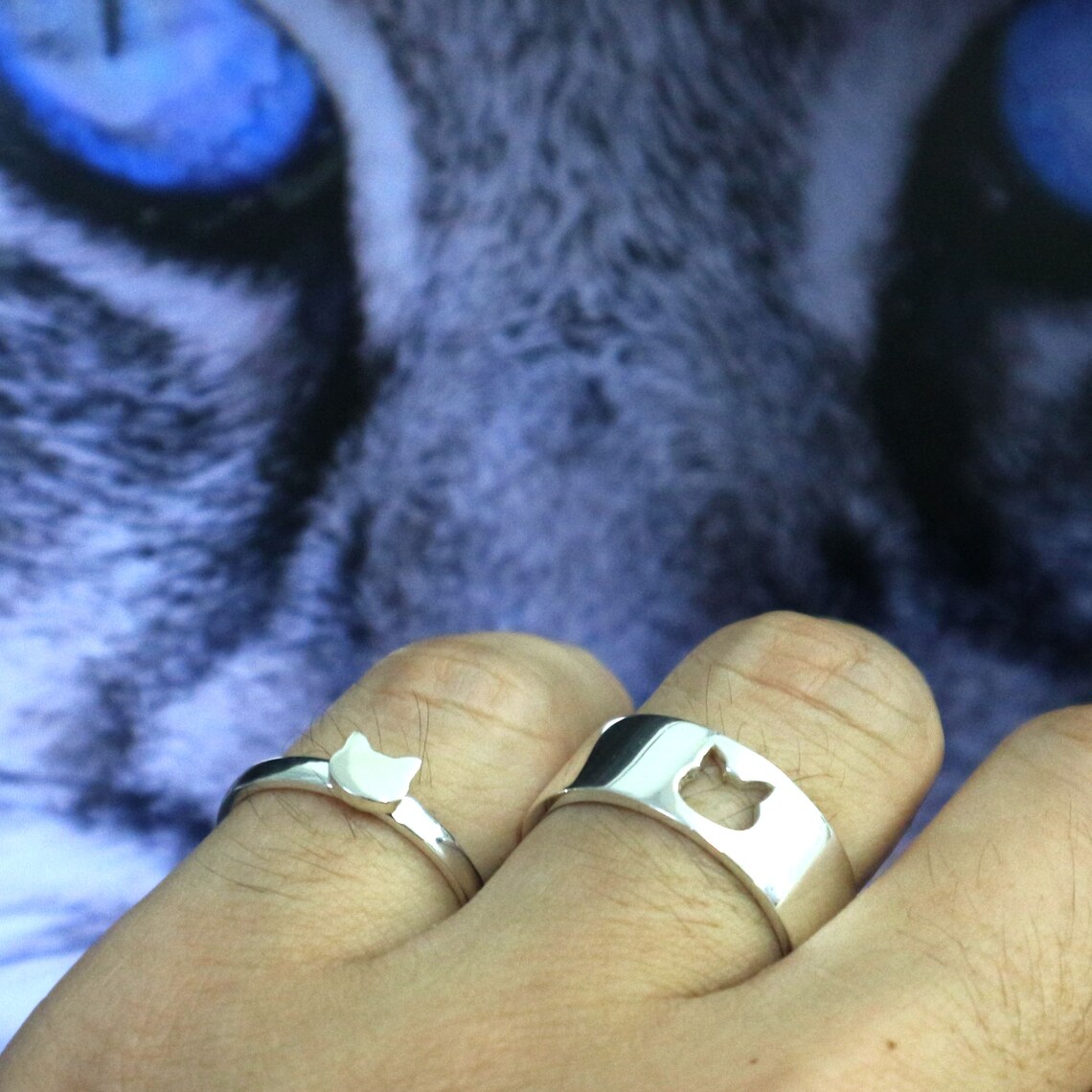 Silver Cat Promise Ring for Couple Set Cat Jewelry Cat | Etsy