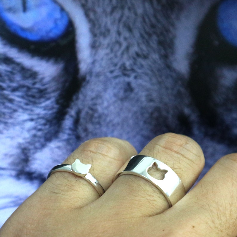 Silver Cat Promise Ring for Couple Set Cat Jewelry Cat | Etsy