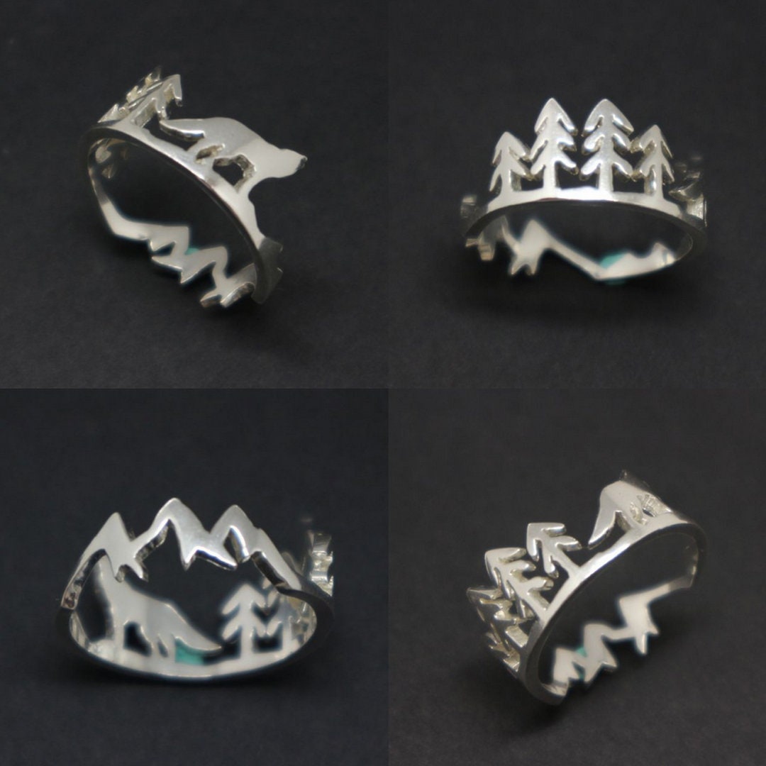 Silver Mountain Pine Tree Wolf Ring Wolf Jewelry, Traveler Gift, Nature ...