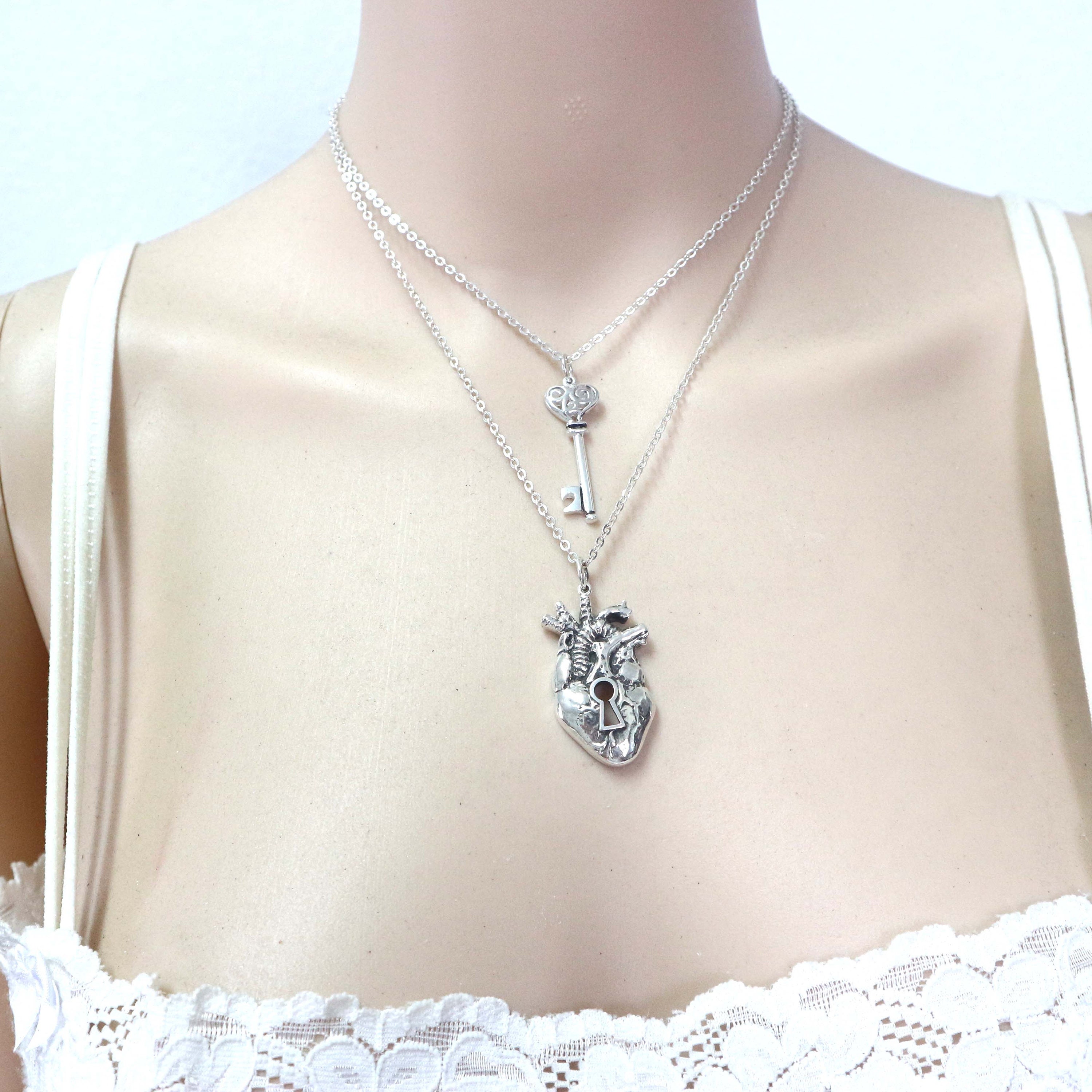 Silver Anatomical Heart Lock and Key Necklace Set : Pendant - Etsy