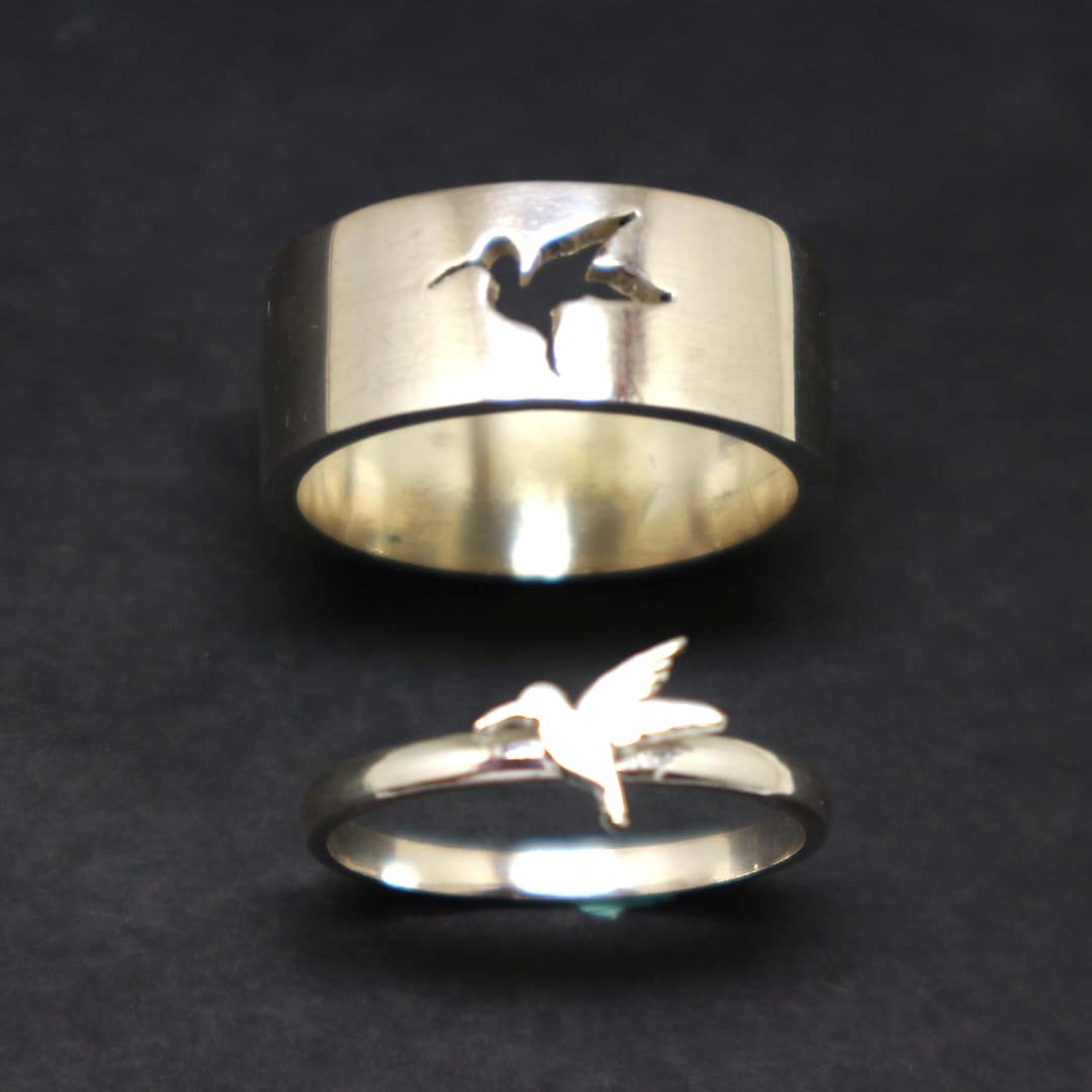 Silver Hummingbird Engagement Ring Set: Personalized Custom Engraved ...