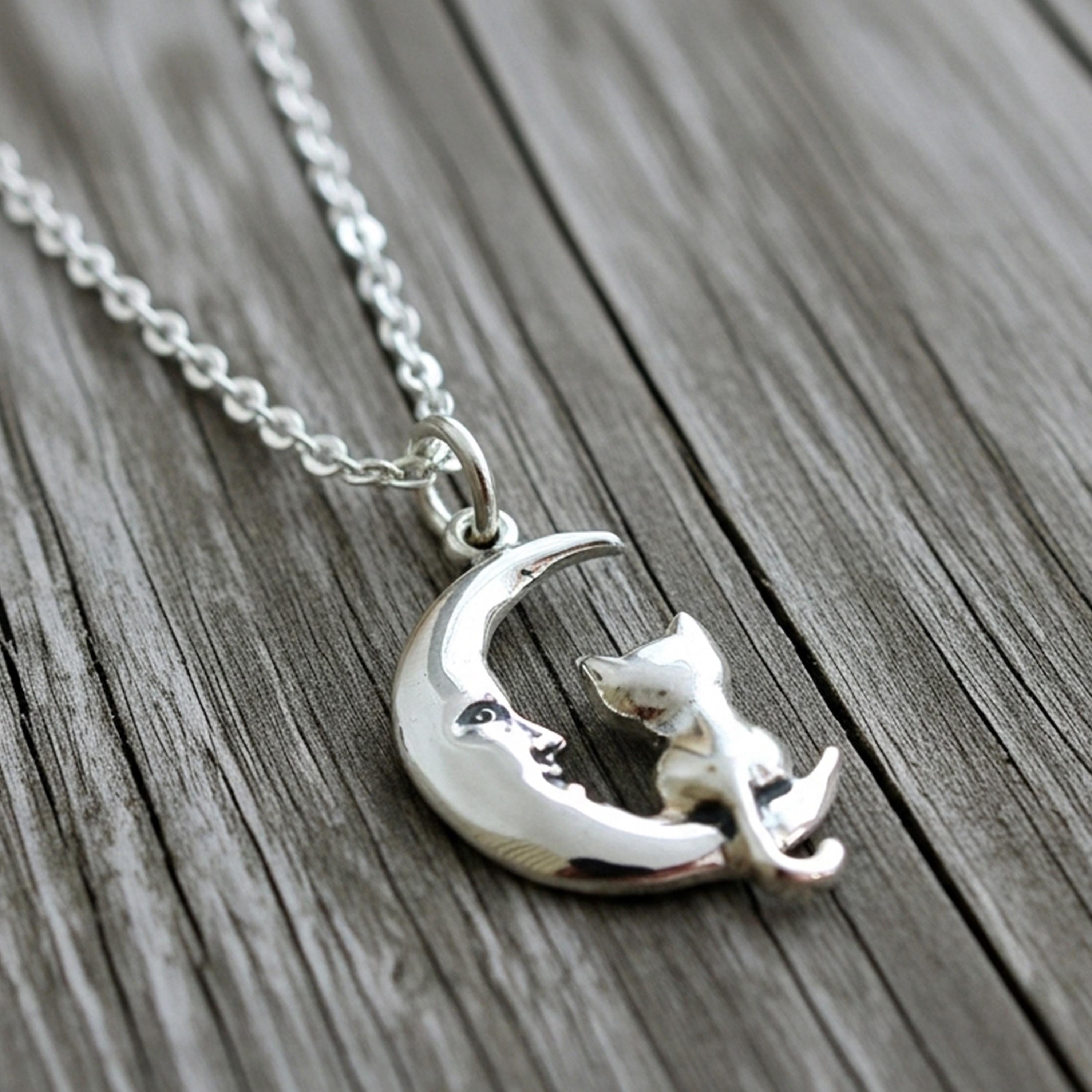 Silver Moon and Cat Pendant Necklace : Chain Length 18'' Inches - Etsy