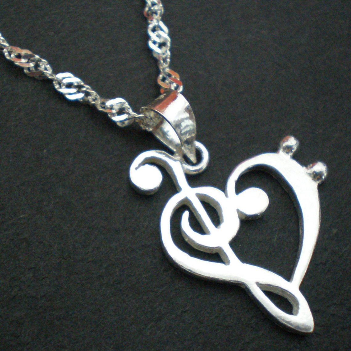 Silver Music Note Heart Necklace - Treble Clef and Bass Clef Necklace ...