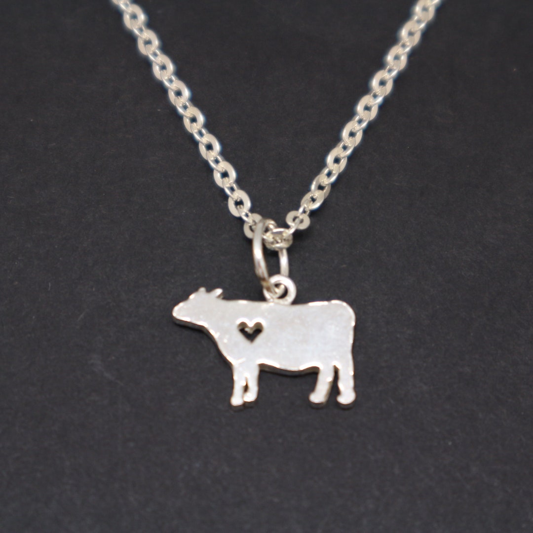 Silver Cow and Heart Necklace Pendant - Cow Jewelry, Cow Pendant, Vegan ...