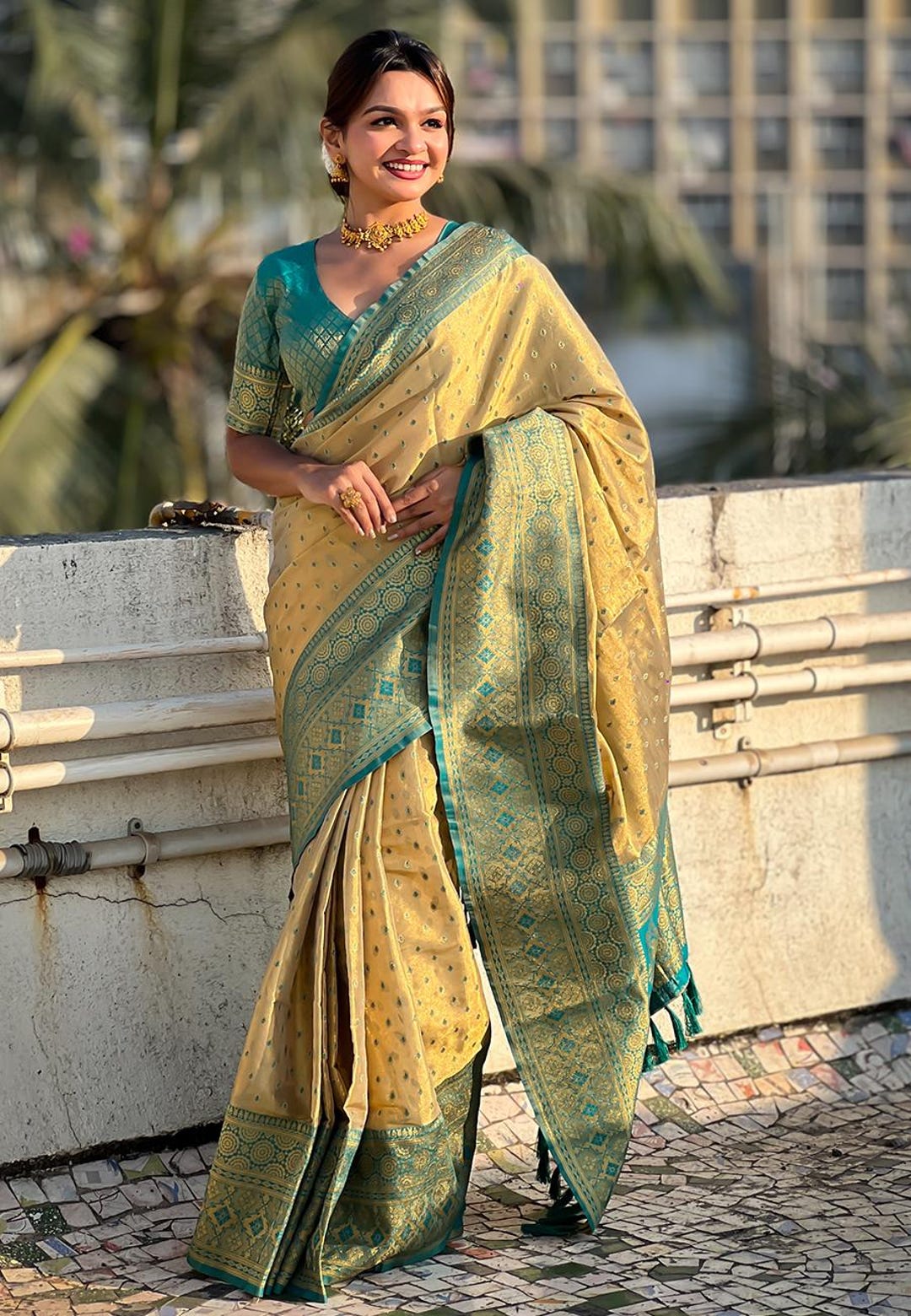 Elegant Pure Soft Tissue Saree With Meenakari Motifs & Contrast Brocade ...