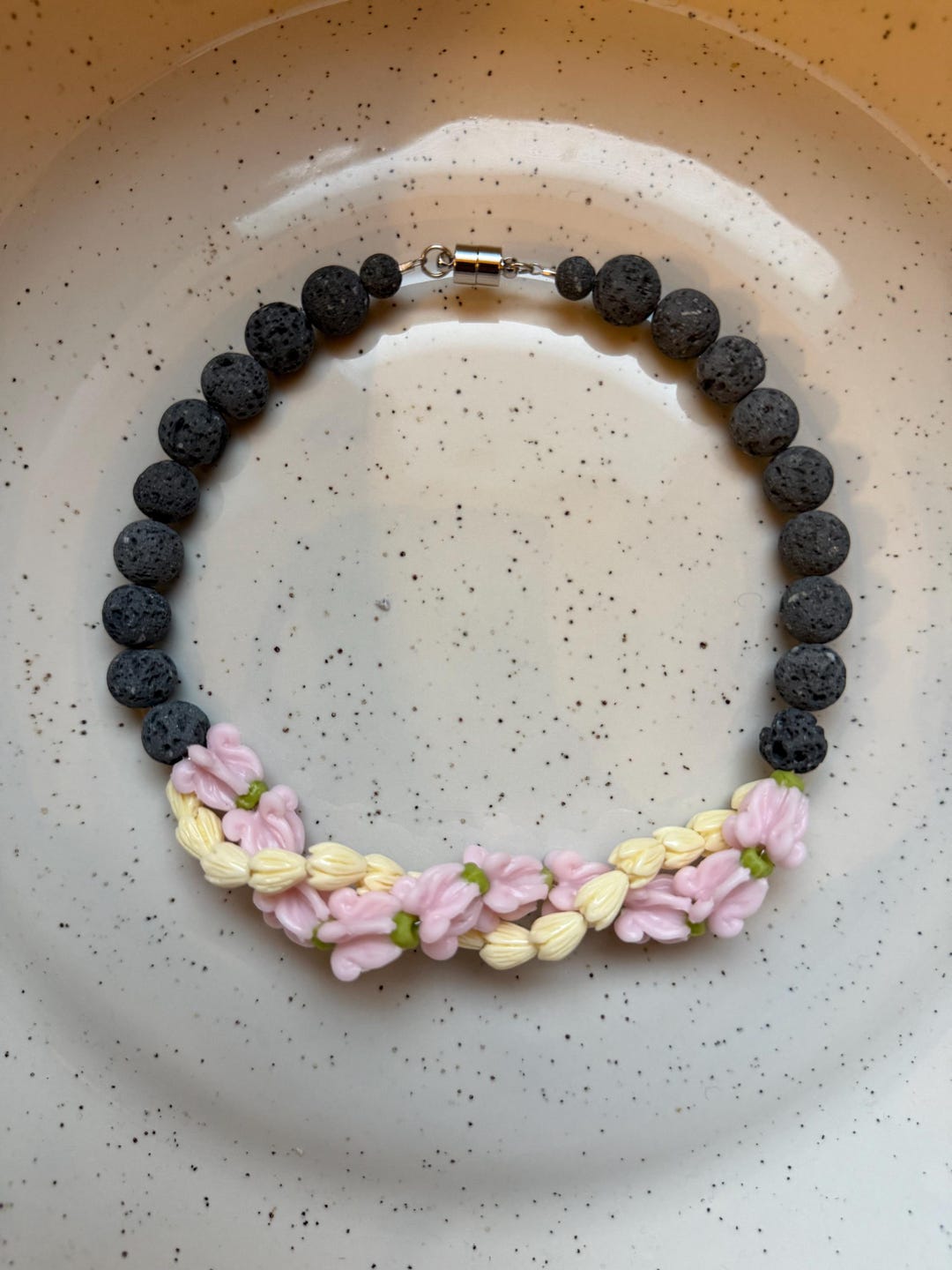 Double Car Lei - Pikake Shells, Pink Crowns With Charcoal Lava Beads - Etsy