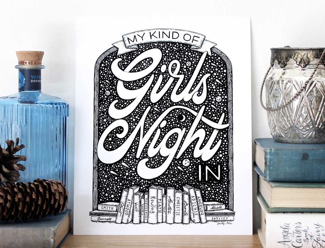 Girls Night in - Art Print for Bookish Introverts - Hand Lettering and ...