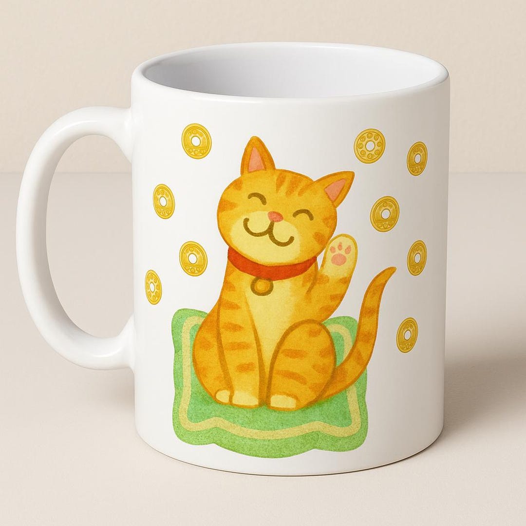 Maneki Neko Tumbler & Mug Wrap: Lucky Cat Watercolor Design (digital ...