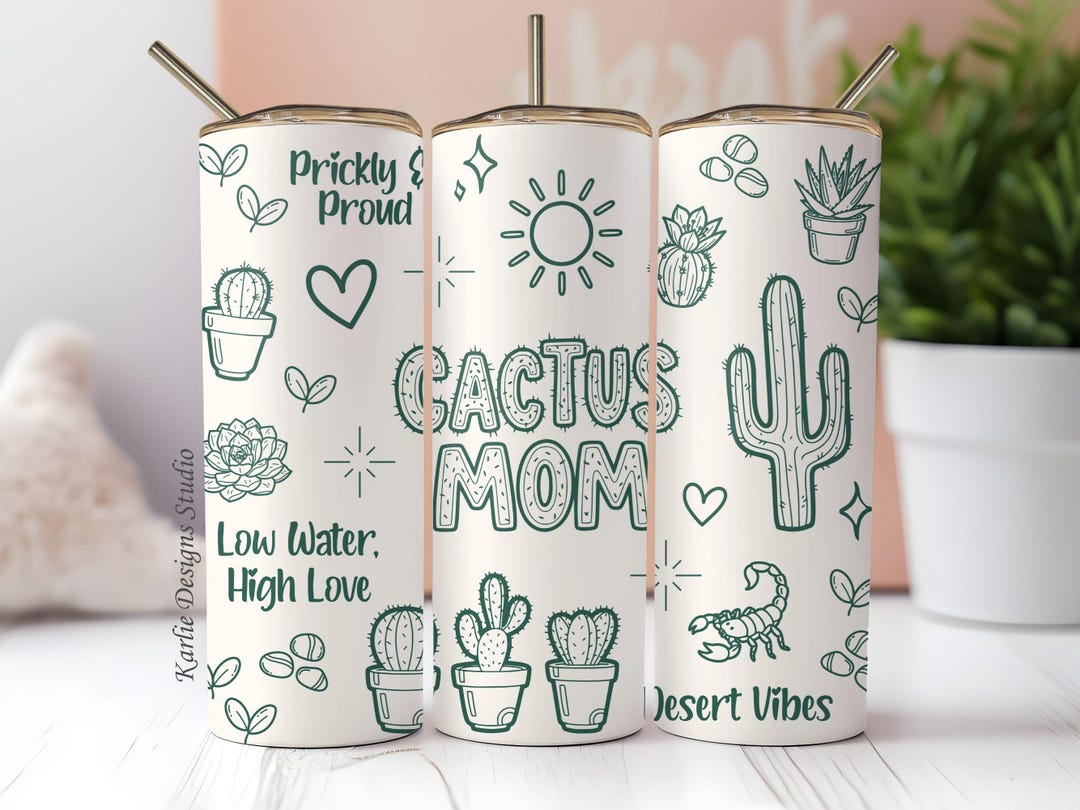 Cactus Mom Tumbler Wrap PNG | Plant Lover Doodle Sublimation Design for ...