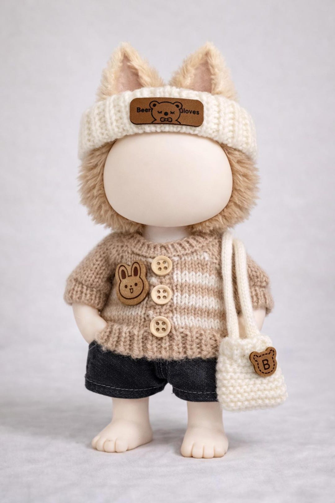 Labubu Style Faceless Doll Knit Sweater Headband Bag Outfit No Shorts ...