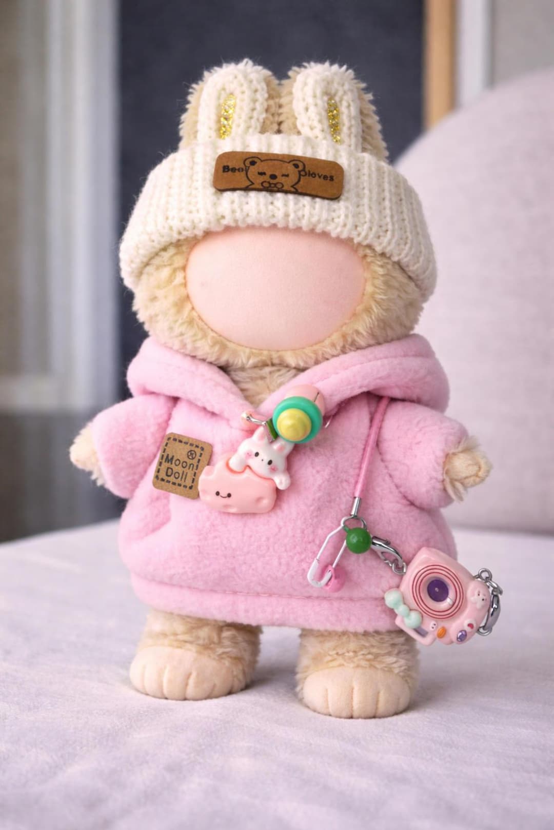 Labubu Doll Clothes Pink Hoodie Knit Hat Camera Charm Plush Outfit Set ...