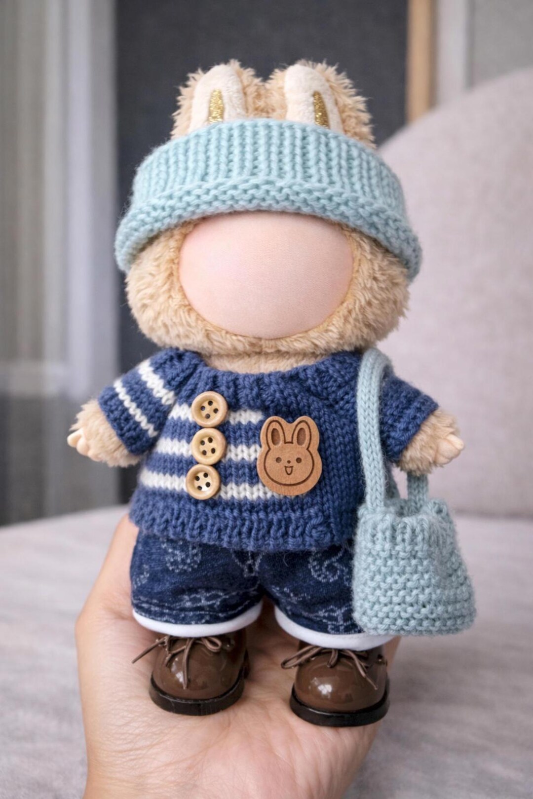 Labubu Doll Clothes Knit Blue Outfit Hat Bag Set Blank Face Model - Etsy