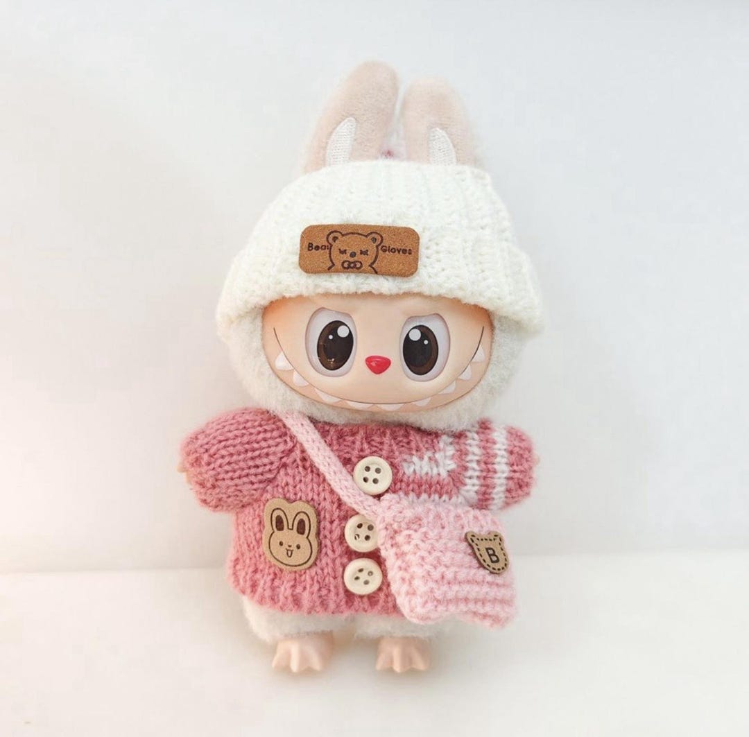 17CM Labubu Doll Knit Outfit Set Hat Sweater Bag Cute Handmade Clothes ...