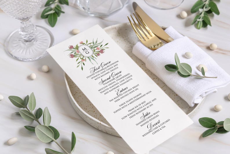 Blush Rose Garden Menu Card || Wedding & Events || Painted Flowers - Etsy