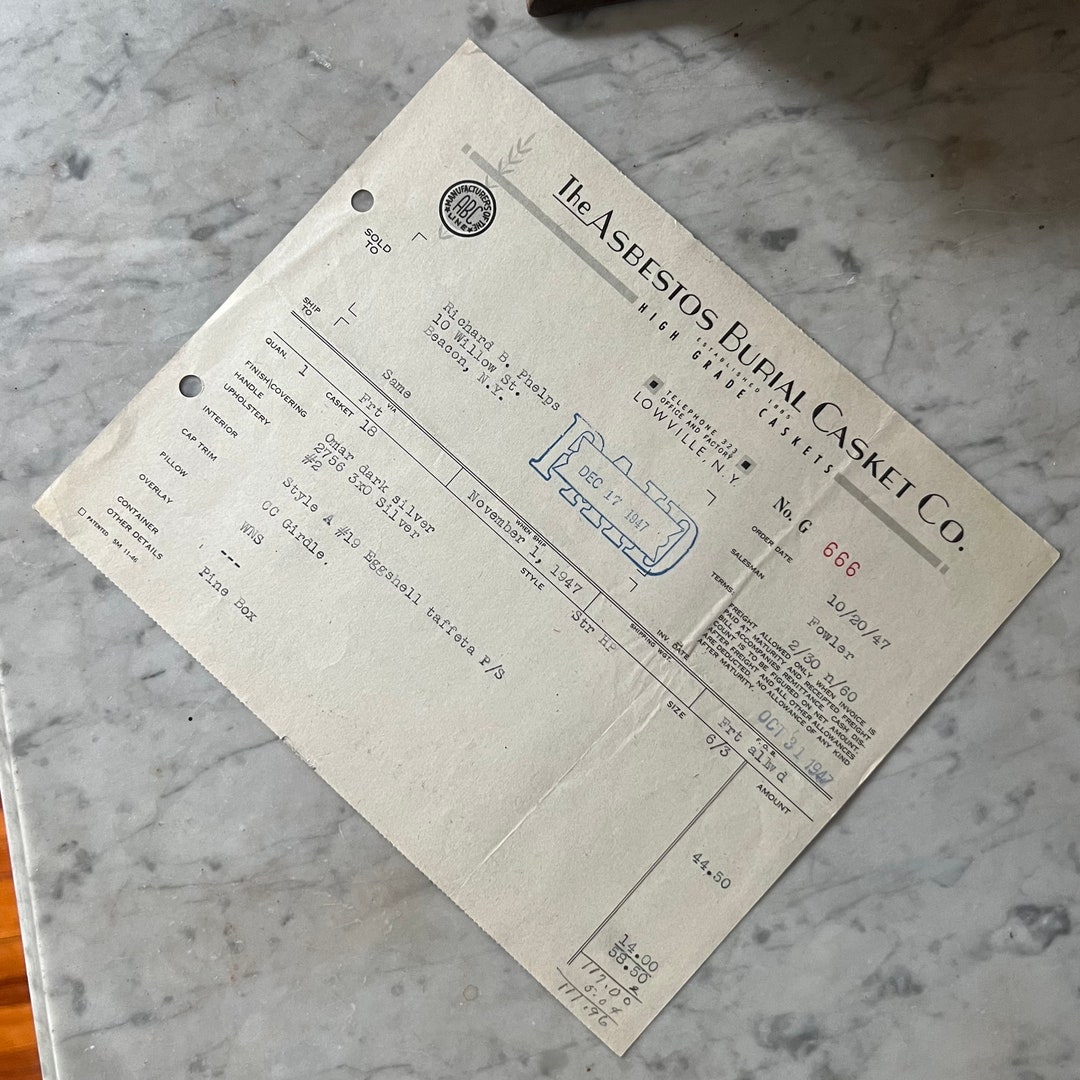 Vintage 1947 Asbestos Burial Casket Company Letterhead INVOICE - Etsy
