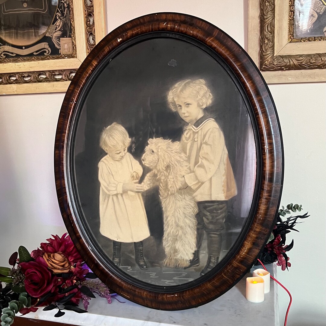 Antique Unusual Charcoal Photo Enlargement Children With Dog Framed ...