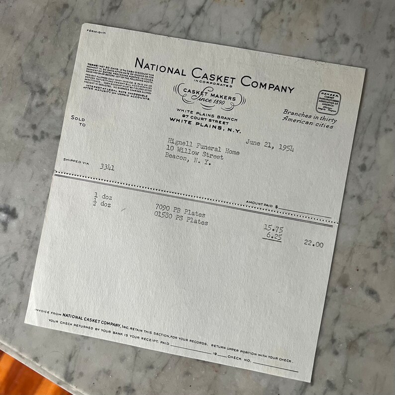 Vintage 1950s National Casket Co Receipt Invoice Mid Century - Etsy