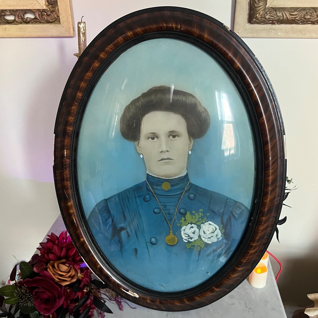 Antique Photo Enlargement Woman in Blue Tiger Bubble Frame Antique ...