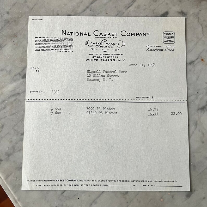 Vintage 1950s National Casket Co Receipt Invoice Mid Century - Etsy
