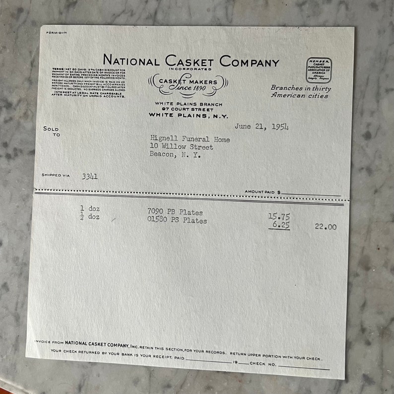 Vintage 1950s National Casket Co Receipt Invoice Mid Century - Etsy