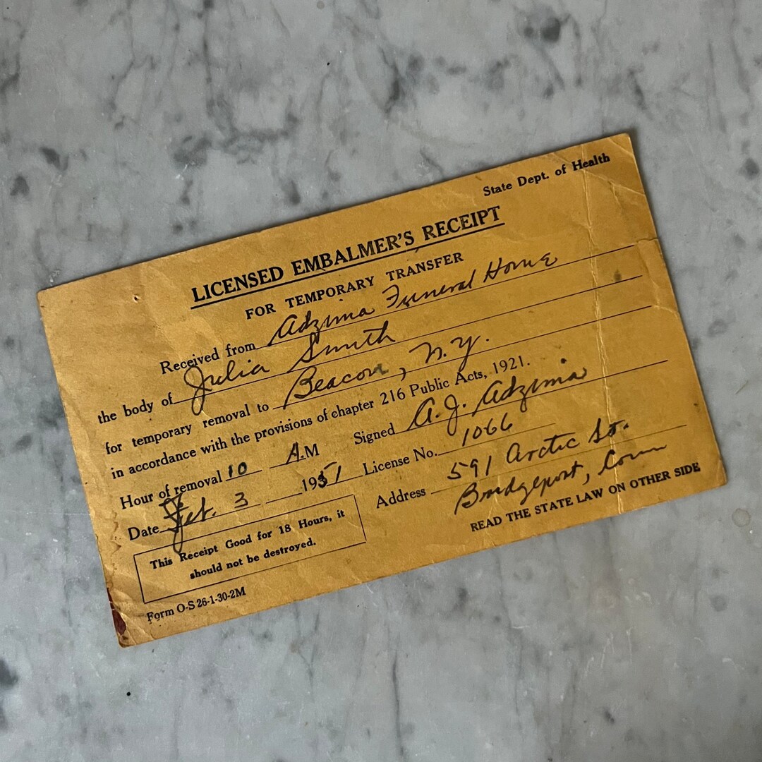Vintage 1951 Licensed Embalmers Receipt for Temporary - Etsy