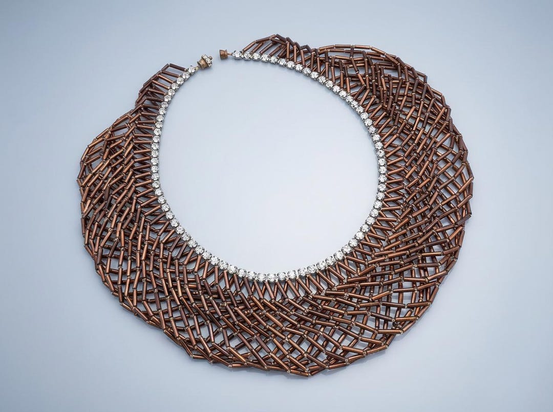 1950s Couture Bugle Bead Necklace – Vintage Brown Glass Rhinestone ...