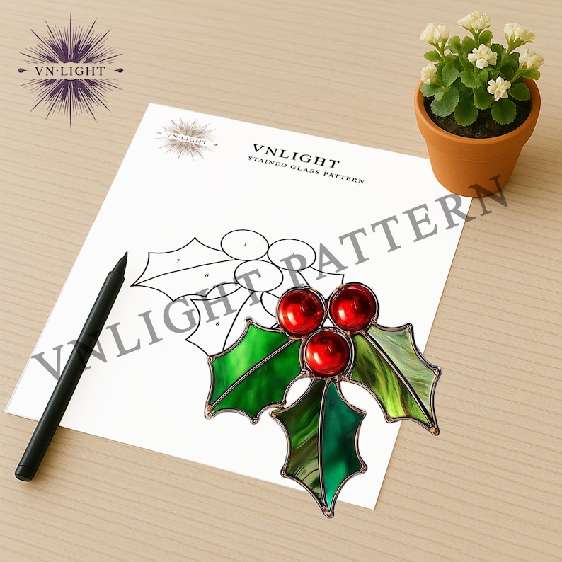Digital Download Christmas Holly Stained Glass Pattern, Stained Glass ...
