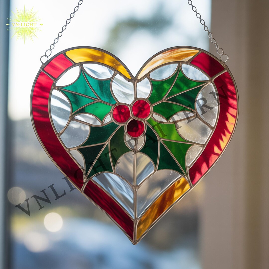 Digital Download Christmas Holly and Heart Stained Glass Pattern ...