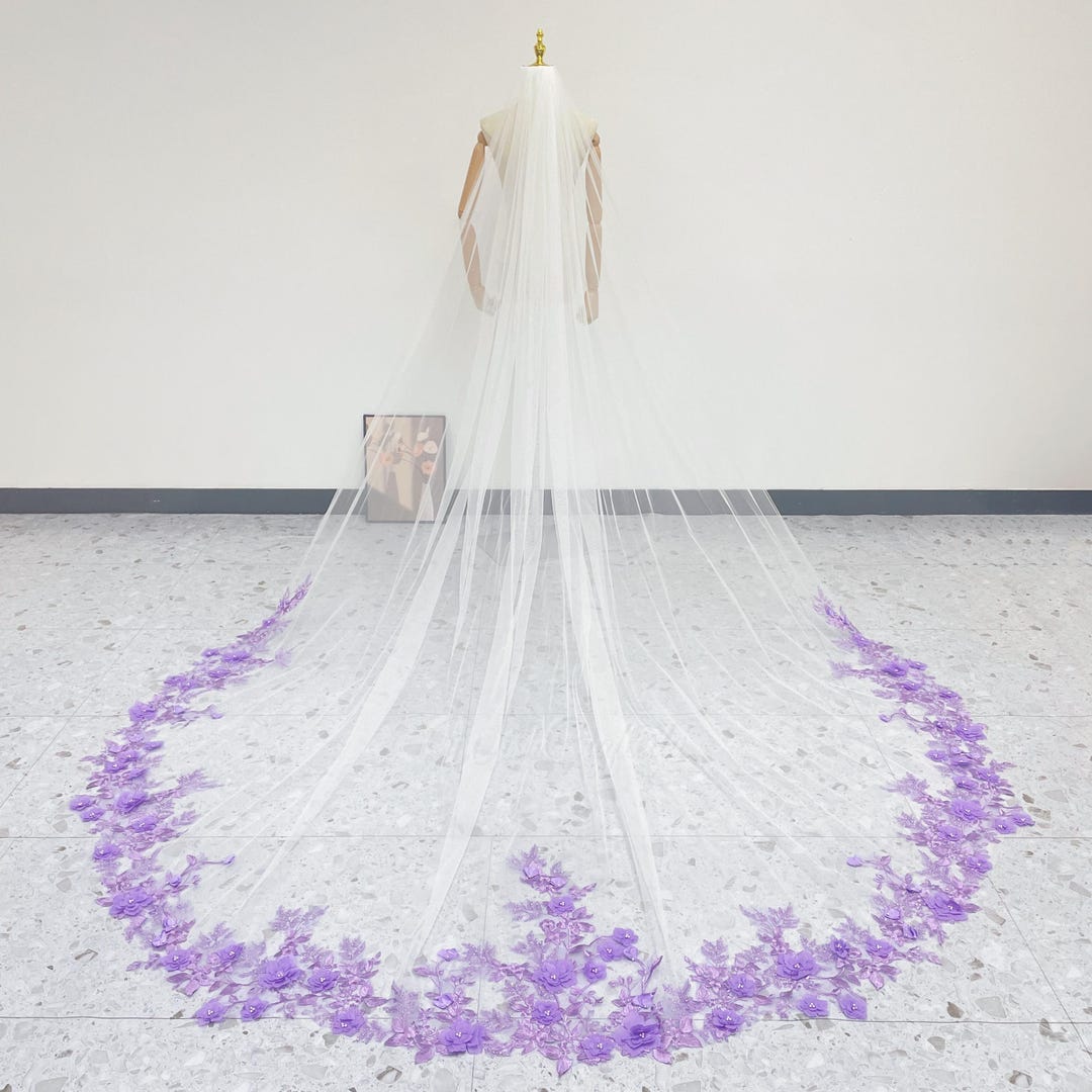 Lavender Floral Appliqué Cathedral Veil: Hand-appliqued Tulle Boho ...