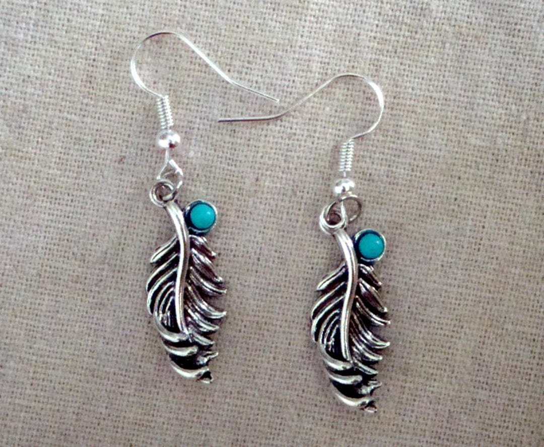 Curly Feather Earrings / Blue Inset Stone / 925 Sterling Silver Pierced ...